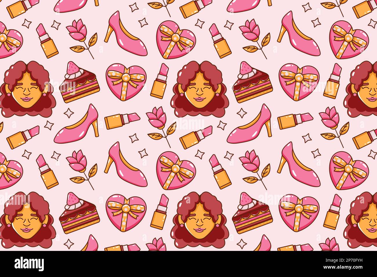 Women's day. Faces, cakes, drinks, lipsticks, high heels, gifts and ...