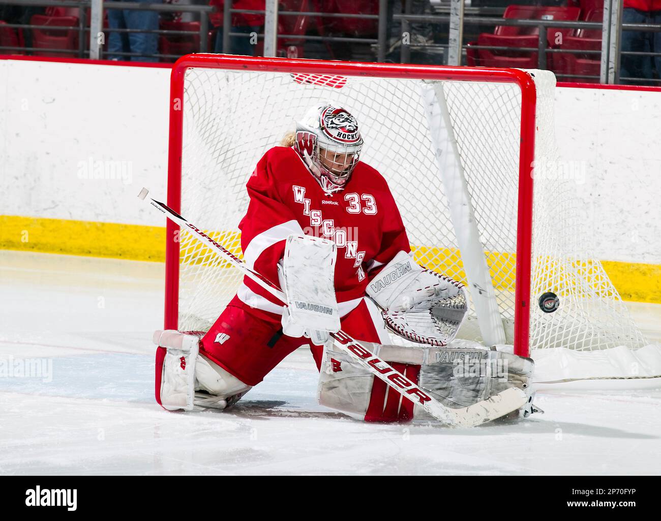 Wisconsin Badgers goalie Alex Rigsby (33) during warmups prior to an ...