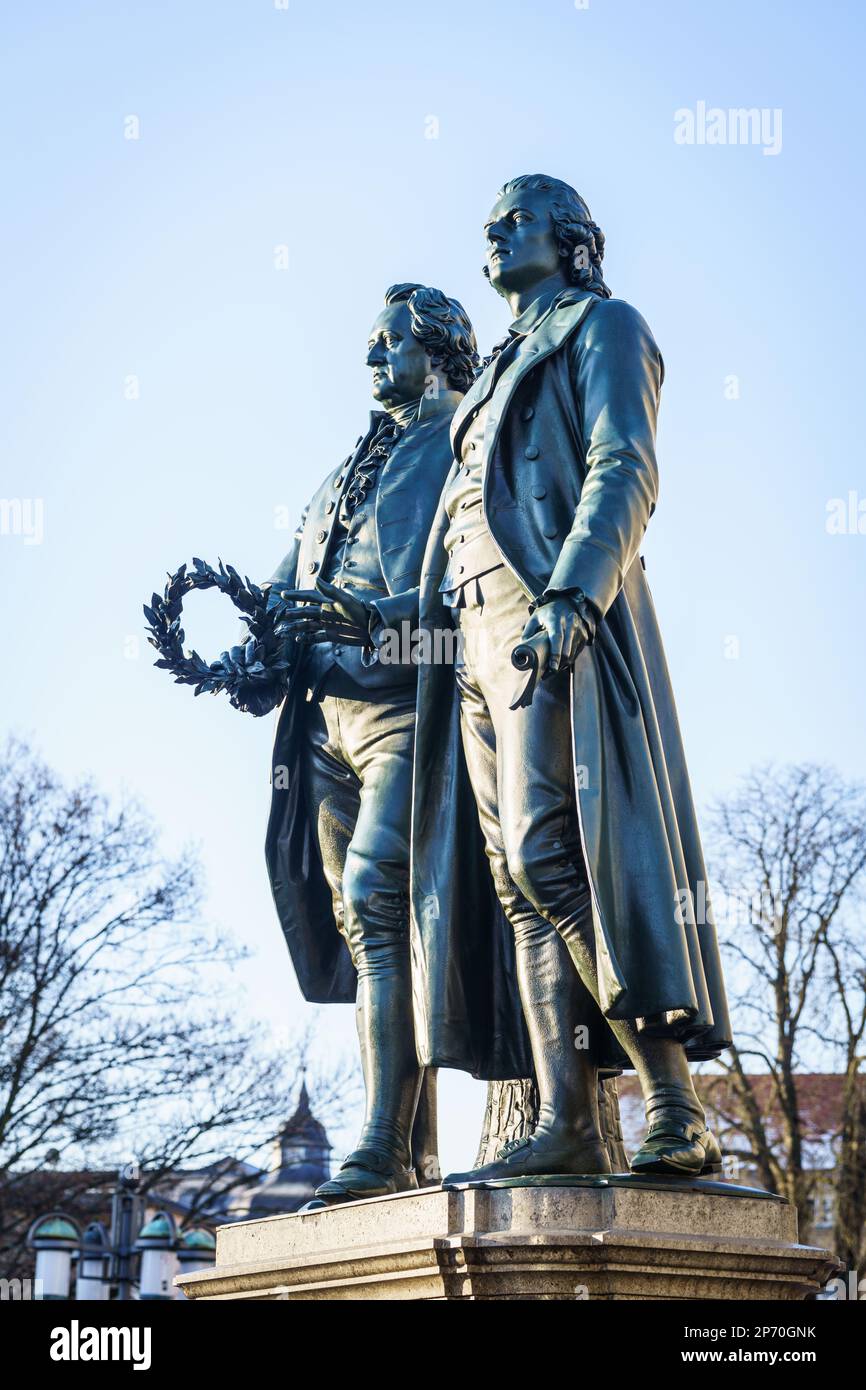 Weimar, Germany. 28th Feb, 2023. The Goethe-Schiller Monument, a bronze ...
