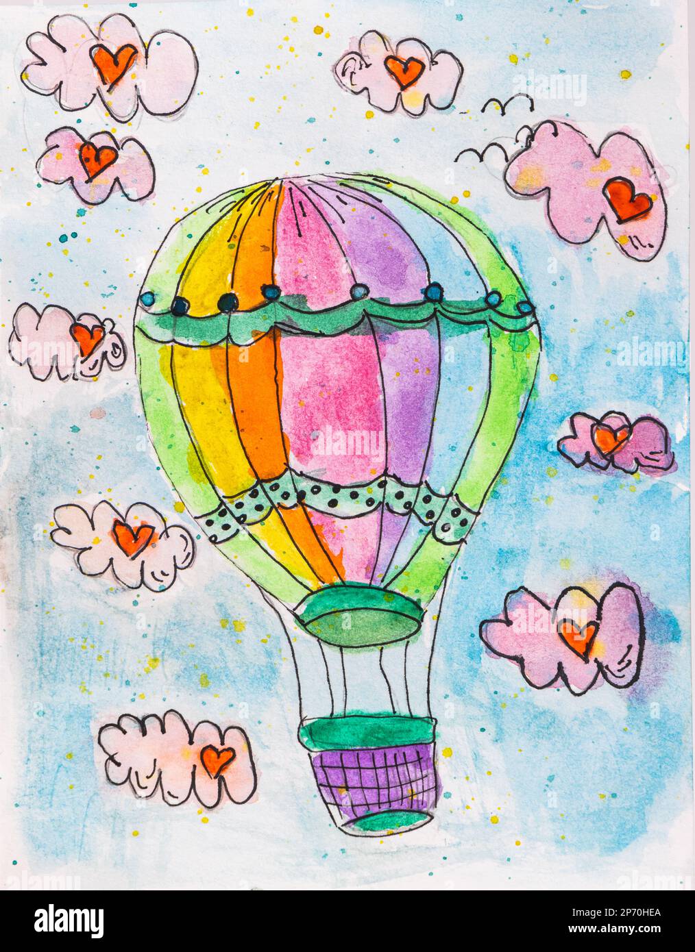 Aquarelle watercolor painting of spring sky clouds with love hearts and ...