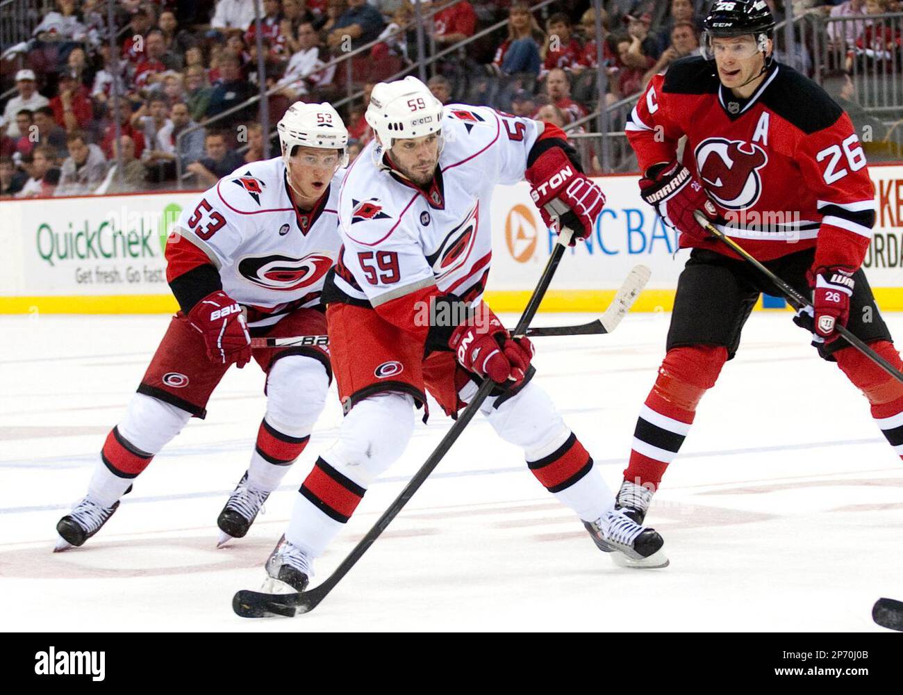 October 10 2011: Hurricanes' right wing Chad LaRose (59) takes a shot ...