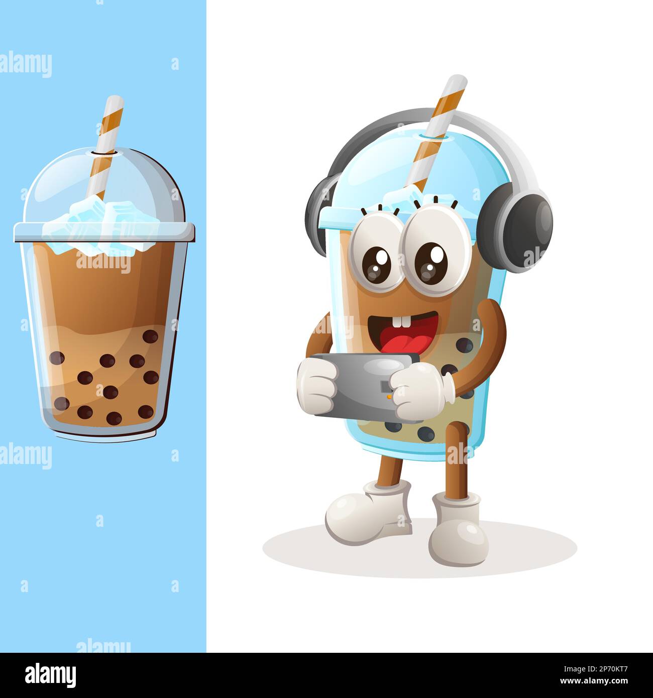 Cute Bubble Tea mascot playing game mobile, wearing headphones. Perfect ...