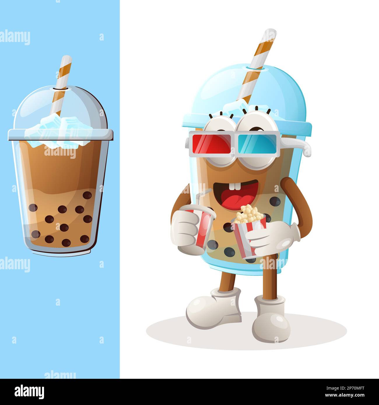 Cute Bubble Tea mascot watching movie with holding soda and popcorn ...