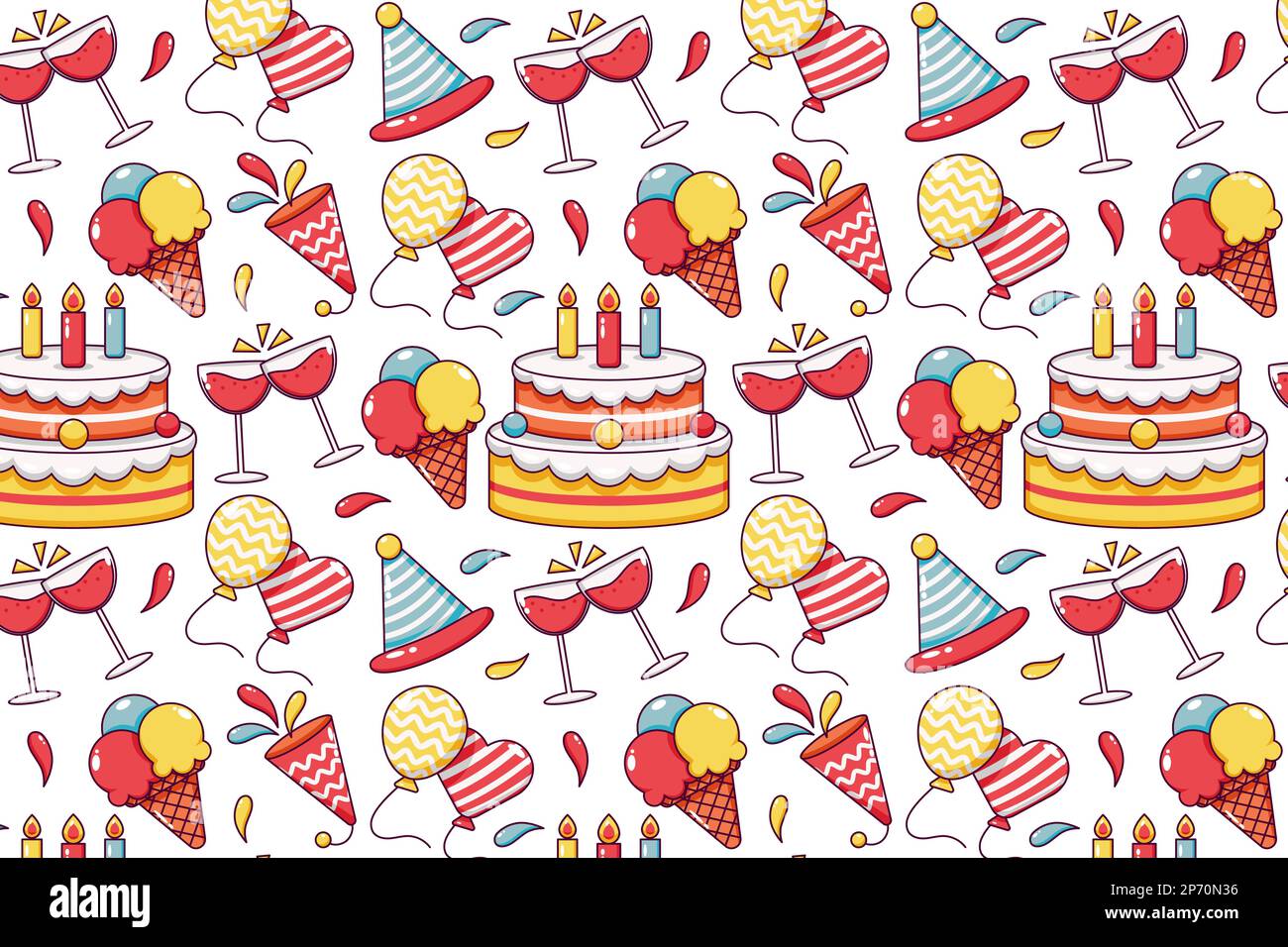 Happy Birthday. Patterns of cake, clown, ice cream, balloons, gifts ...