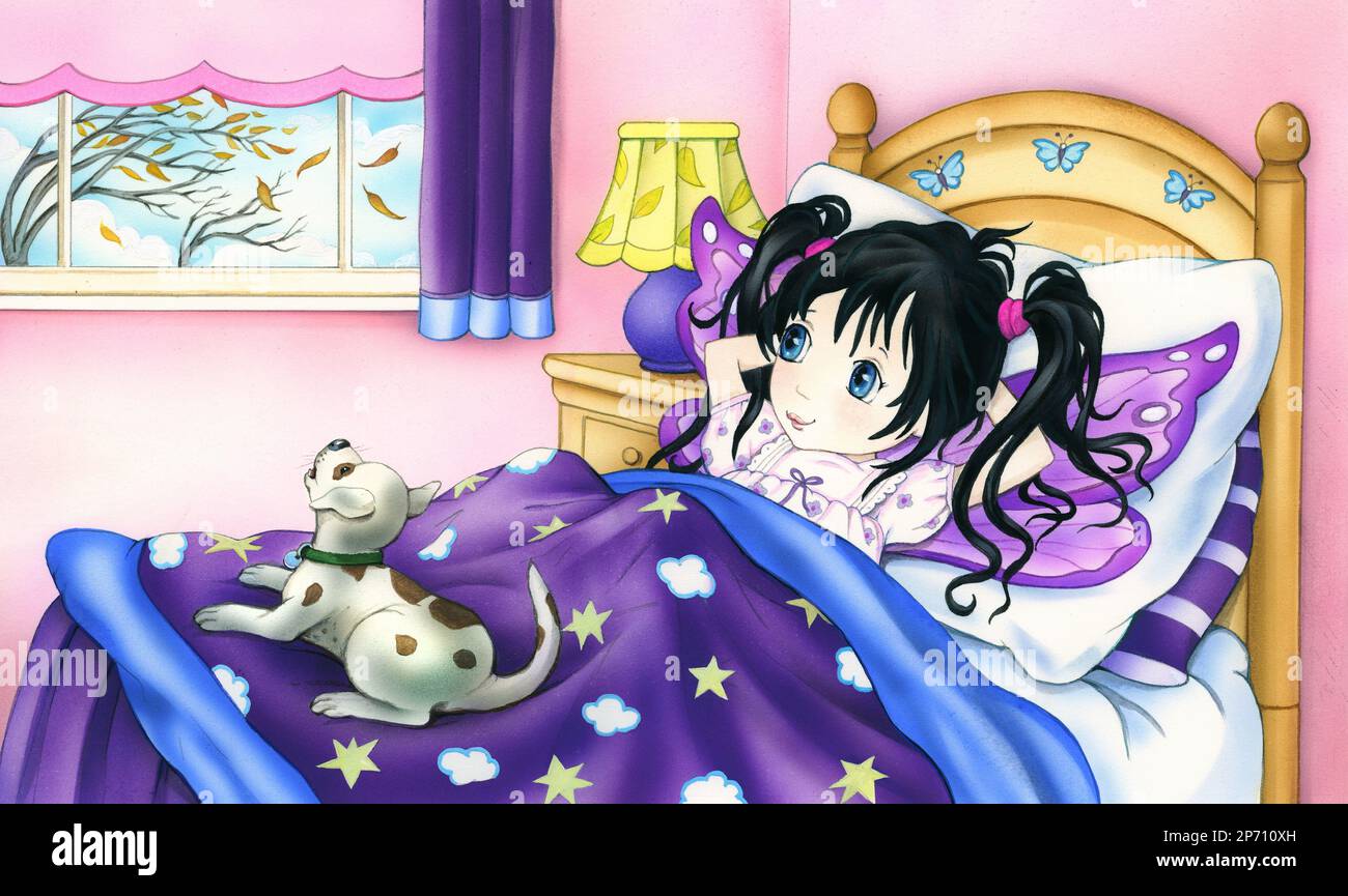 Juvenile girl snug in bed on a windy day outside Stock Photo - Alamy