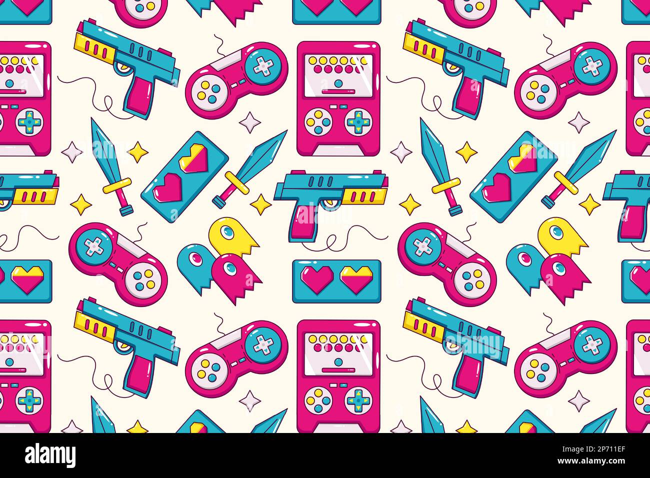 Retro game. Arcade game machine, joy stick, gun control, pocket console ...