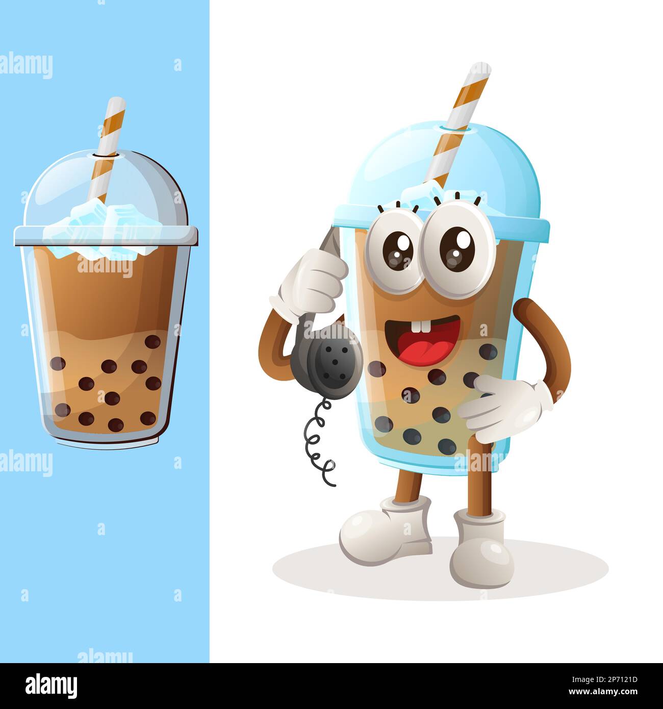 Cute Bubble Tea mascot pick up the phone, answering phone calls ...