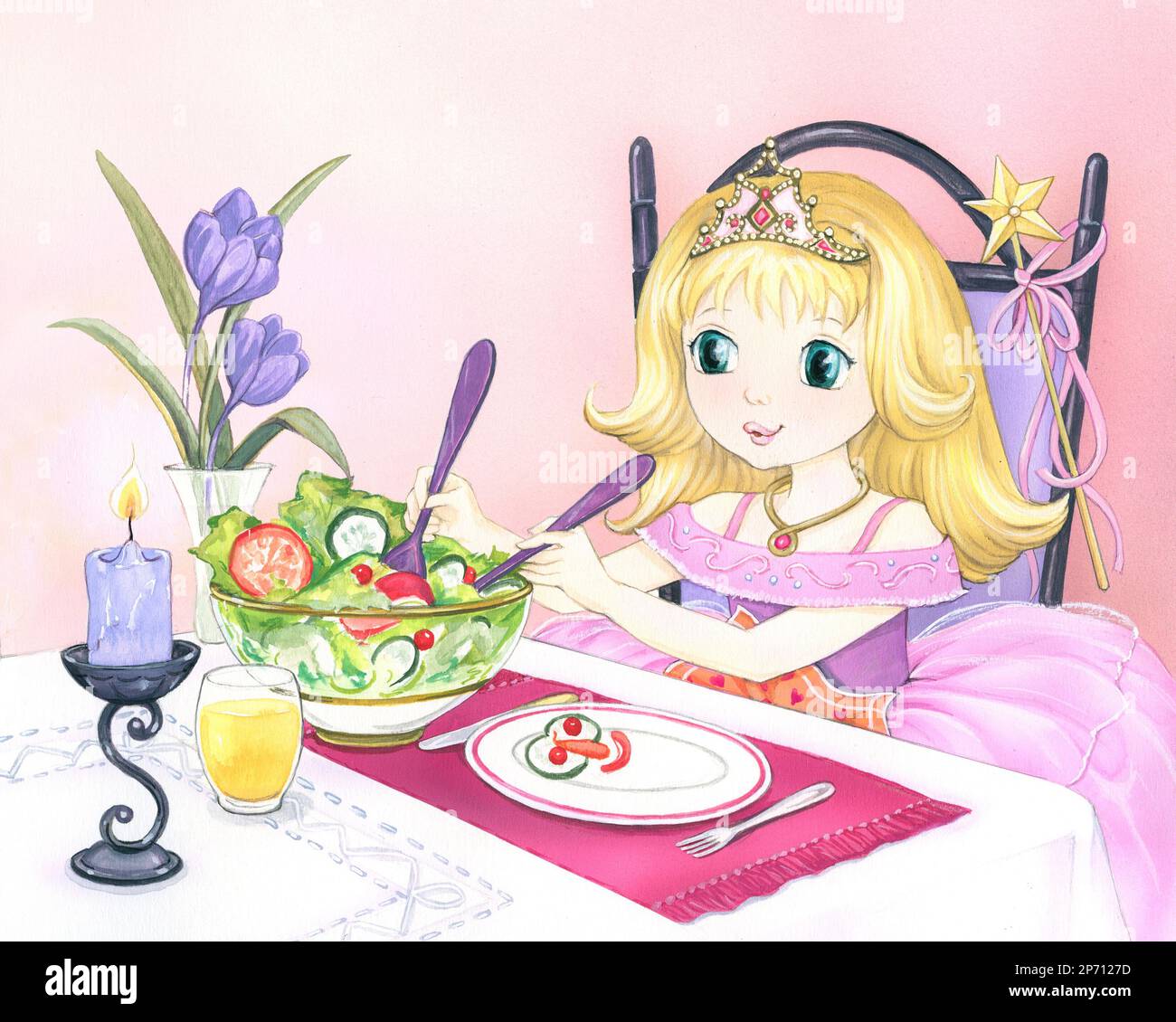 Juvenile-girl in princess costume at dinner eating healthy Stock Photo ...