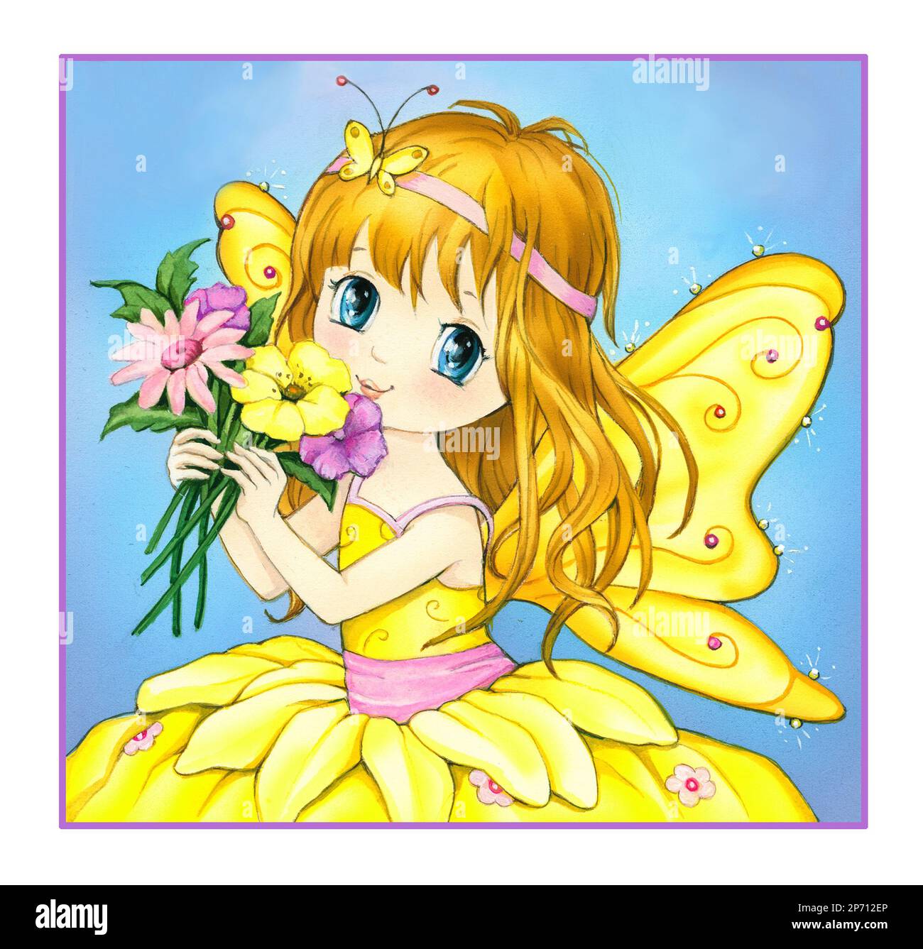 Juvenile-girl in yellow fairy costume holding flowers bluw background ...