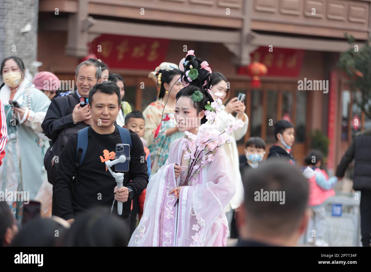 People wear hanfu at the 8th Flower Festival in Kunming City, southwest ...