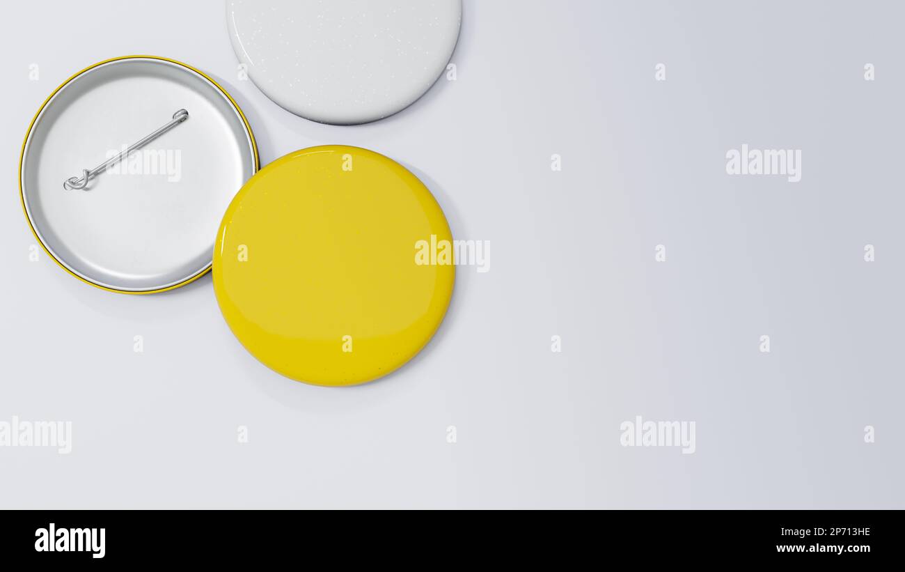 Yellow circle pin badge mockup and copy space on white background. 3d ...
