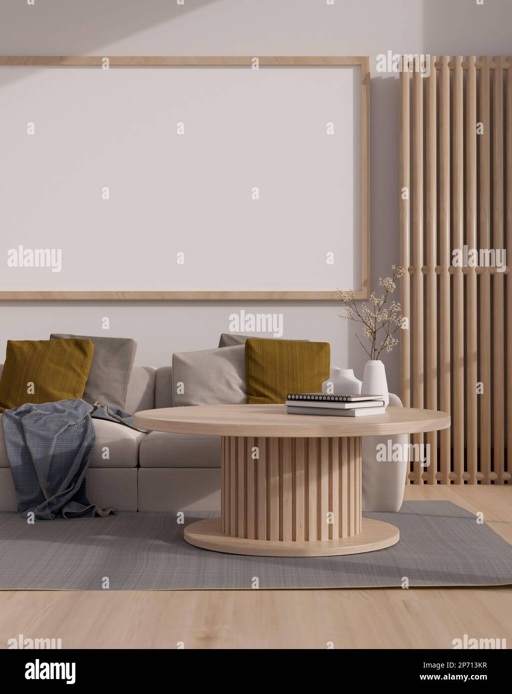 Interior design of cozy minimalist living room in white and wood style ...