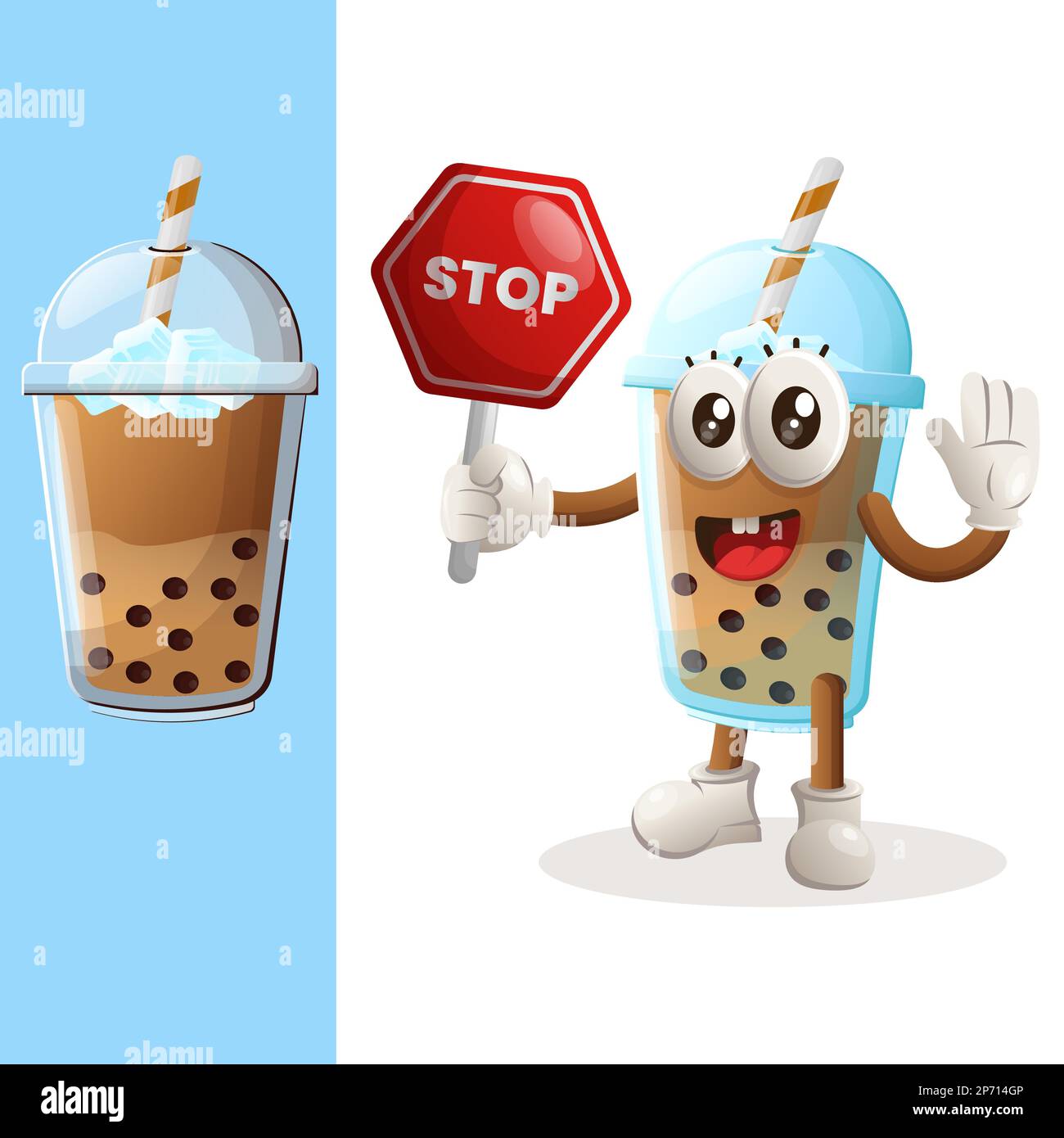 Cute Bubble Tea mascot holding stop sign, street sign, road sign ...