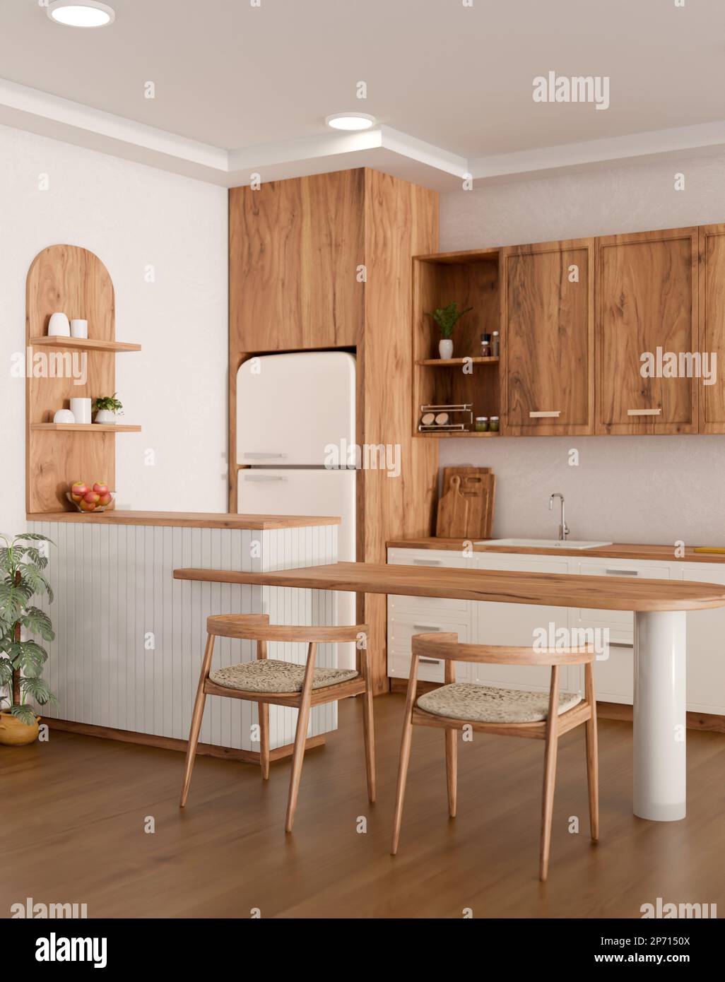 Interior design of cozy Scandinavian kitchen room in white and wood ...