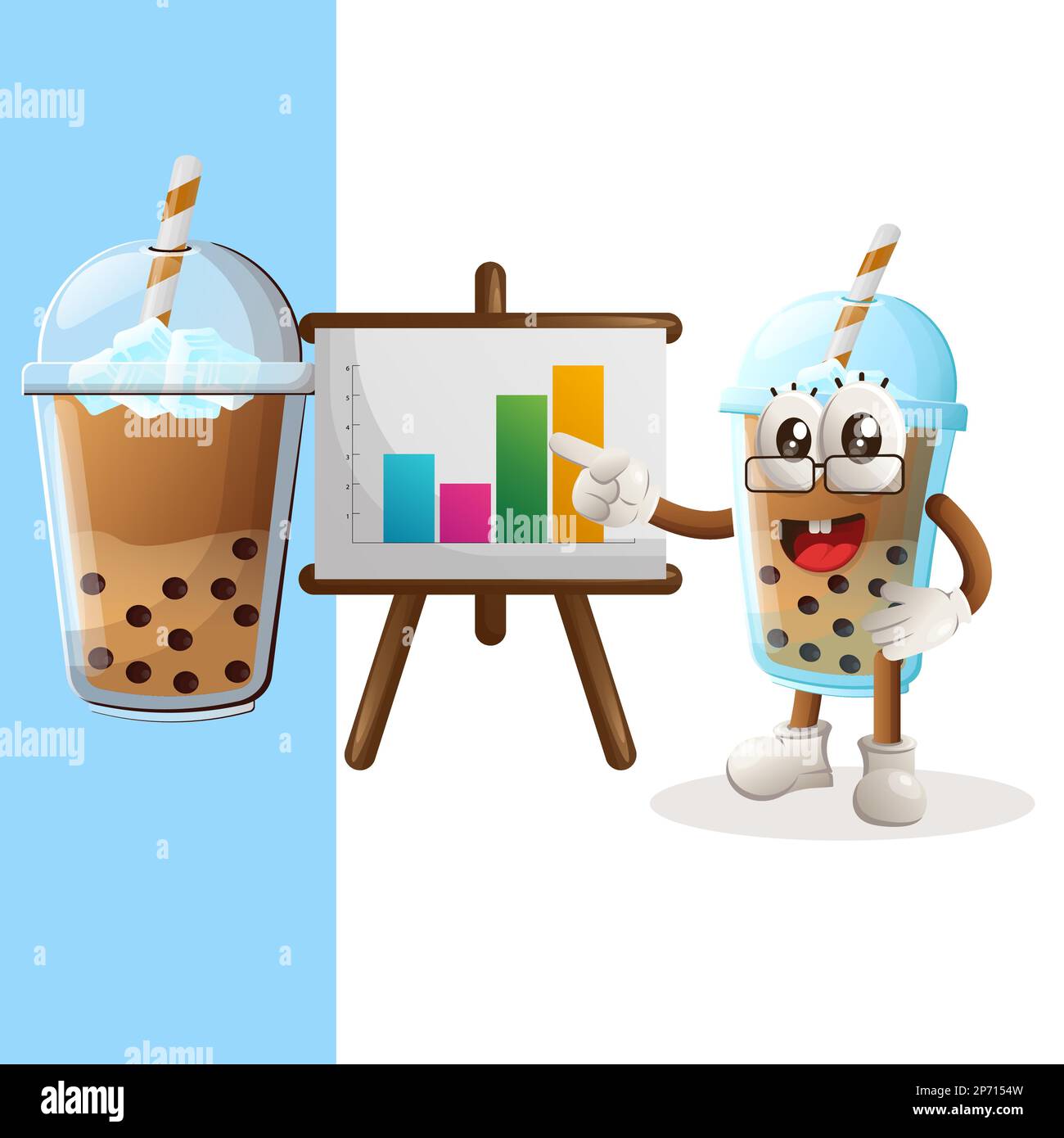 Cute Bubble Tea mascot gives report presentation, shows column graphics ...