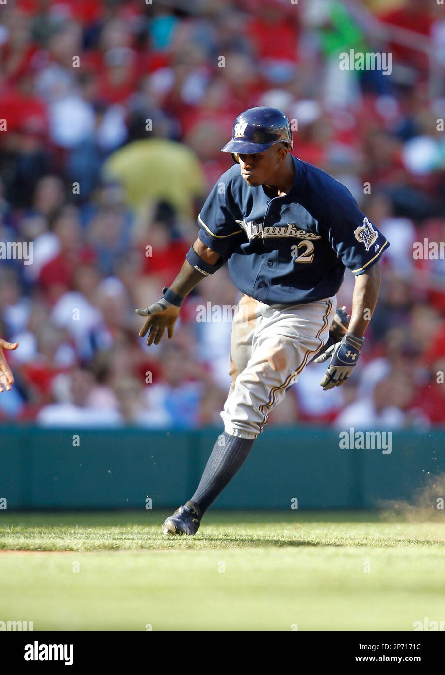 Milwaukee Brewers Nyjer Morgan plays in a game against the St Louis ...