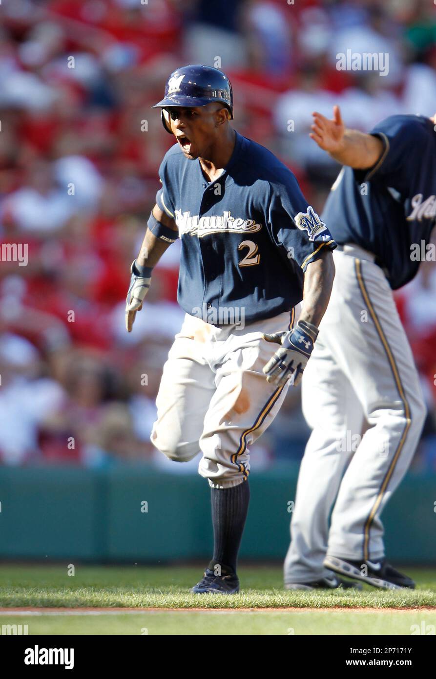 Milwaukee Brewers Nyjer Morgan plays in a game against the St Louis ...