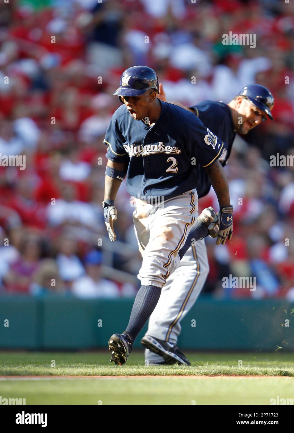 Milwaukee Brewers Nyjer Morgan plays in a game against the St Louis ...