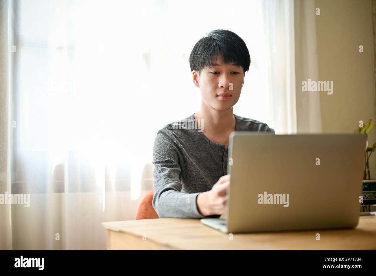 Concentrated young Asian man in causal clothes using laptop computer at ...
