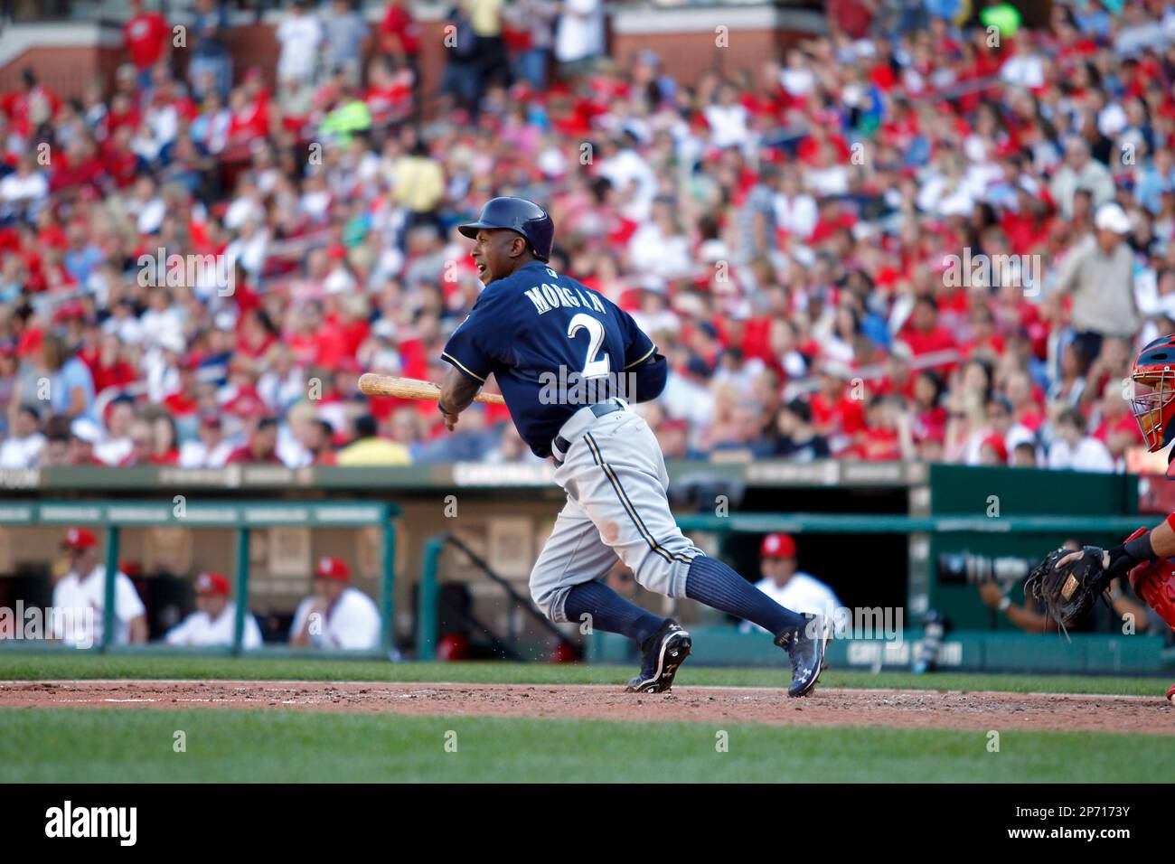 Milwaukee Brewers Nyjer Morgan plays in a game against the St Louis ...