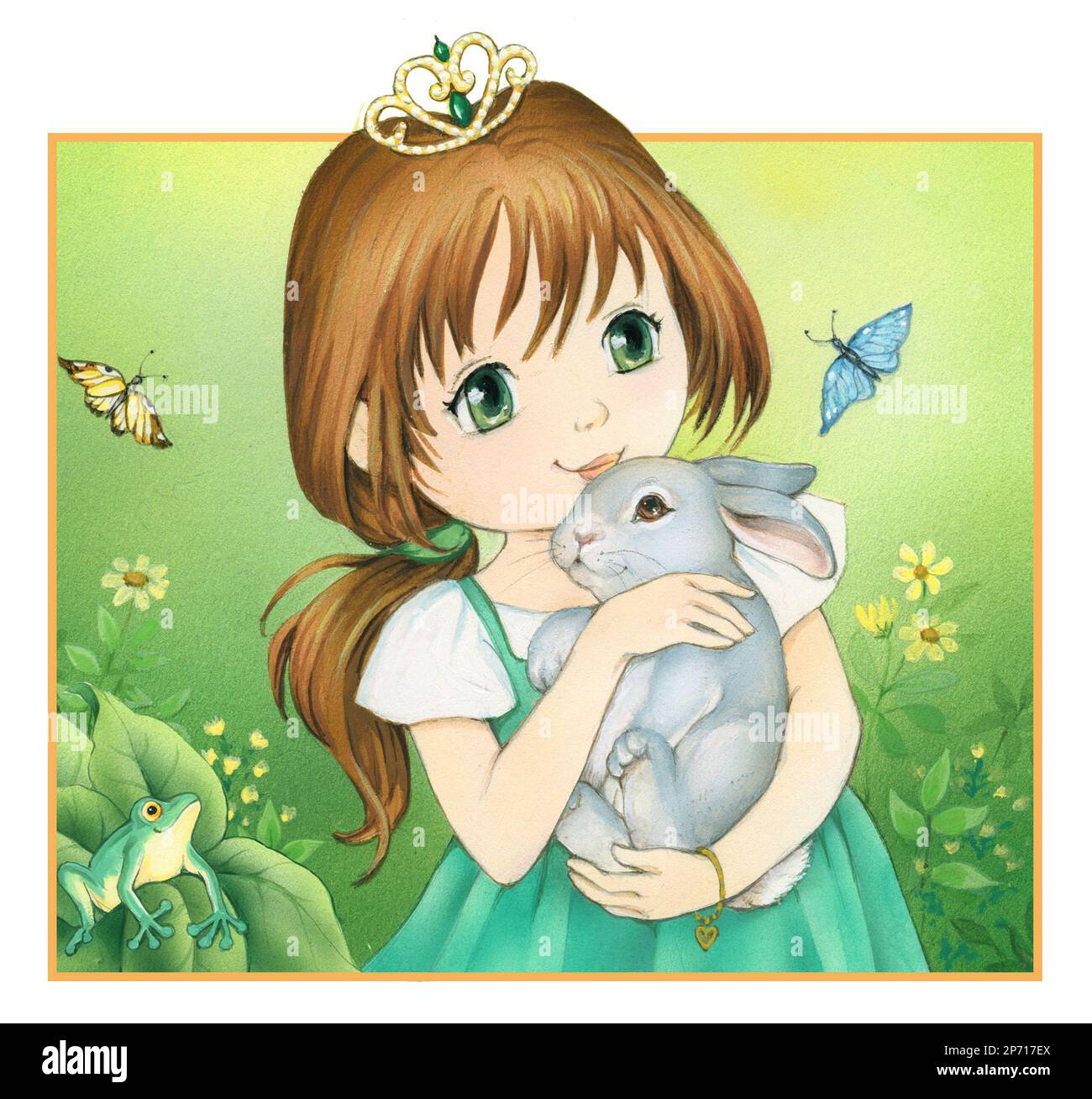 Juvenile-girl princess cuddling bunny green on white Stock Photo - Alamy