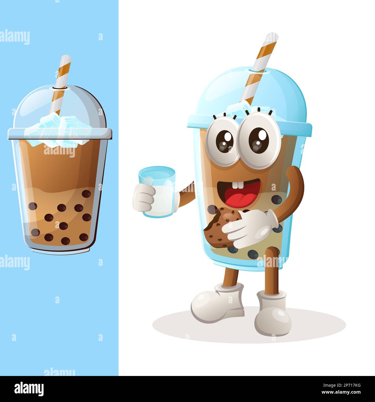 Cute Bubble Tea mascot drink milk and eat cookie. Perfect for food ...