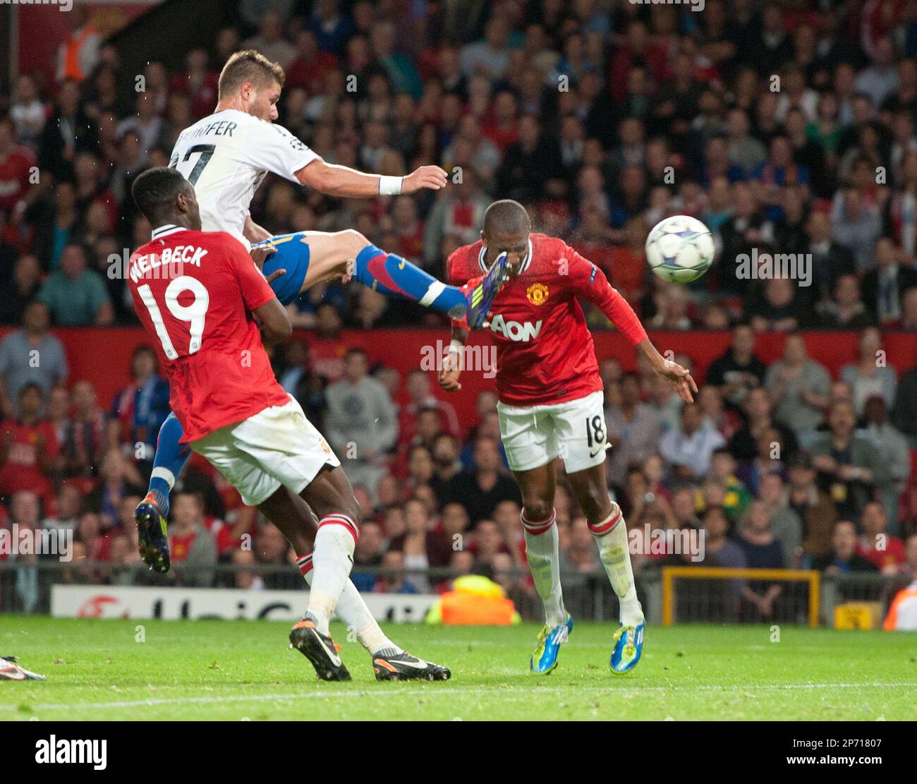 Ashley Young of Manchester United heads the equalising goal..UEFA ...