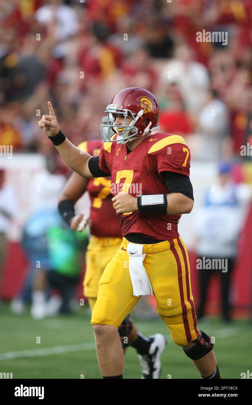 Matt Barkley of the USC Trojans just after passing for a touchdown ...