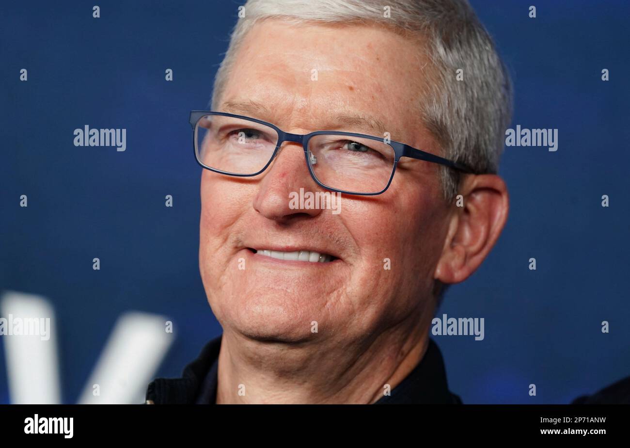Tim Cook arrives at the season three premiere of "Ted Lasso" on Tuesday ...