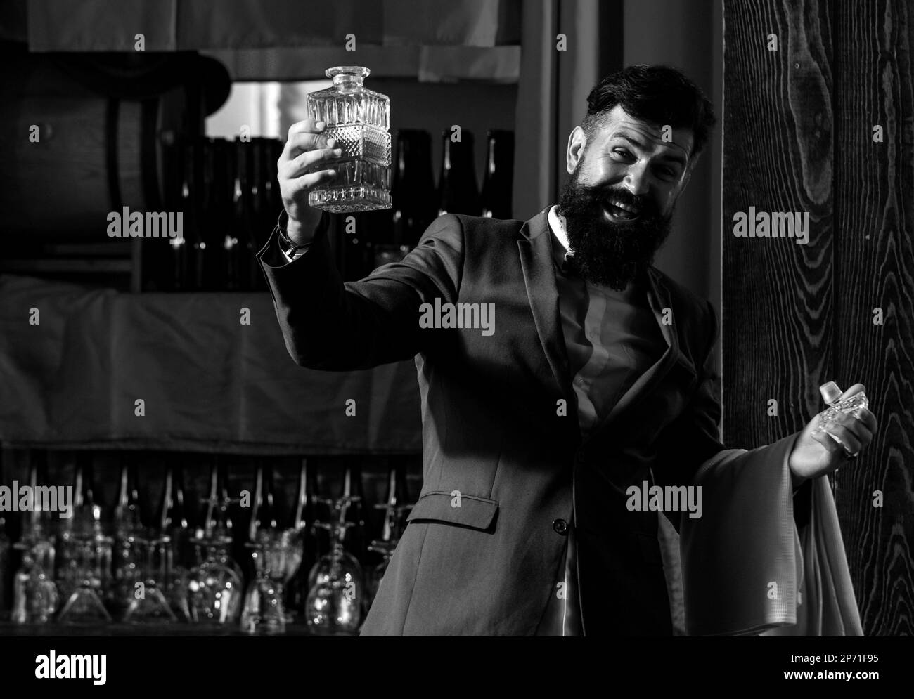 Waiter bartender. Bearded barmen, barkeeper or bartender in bar. Man ...