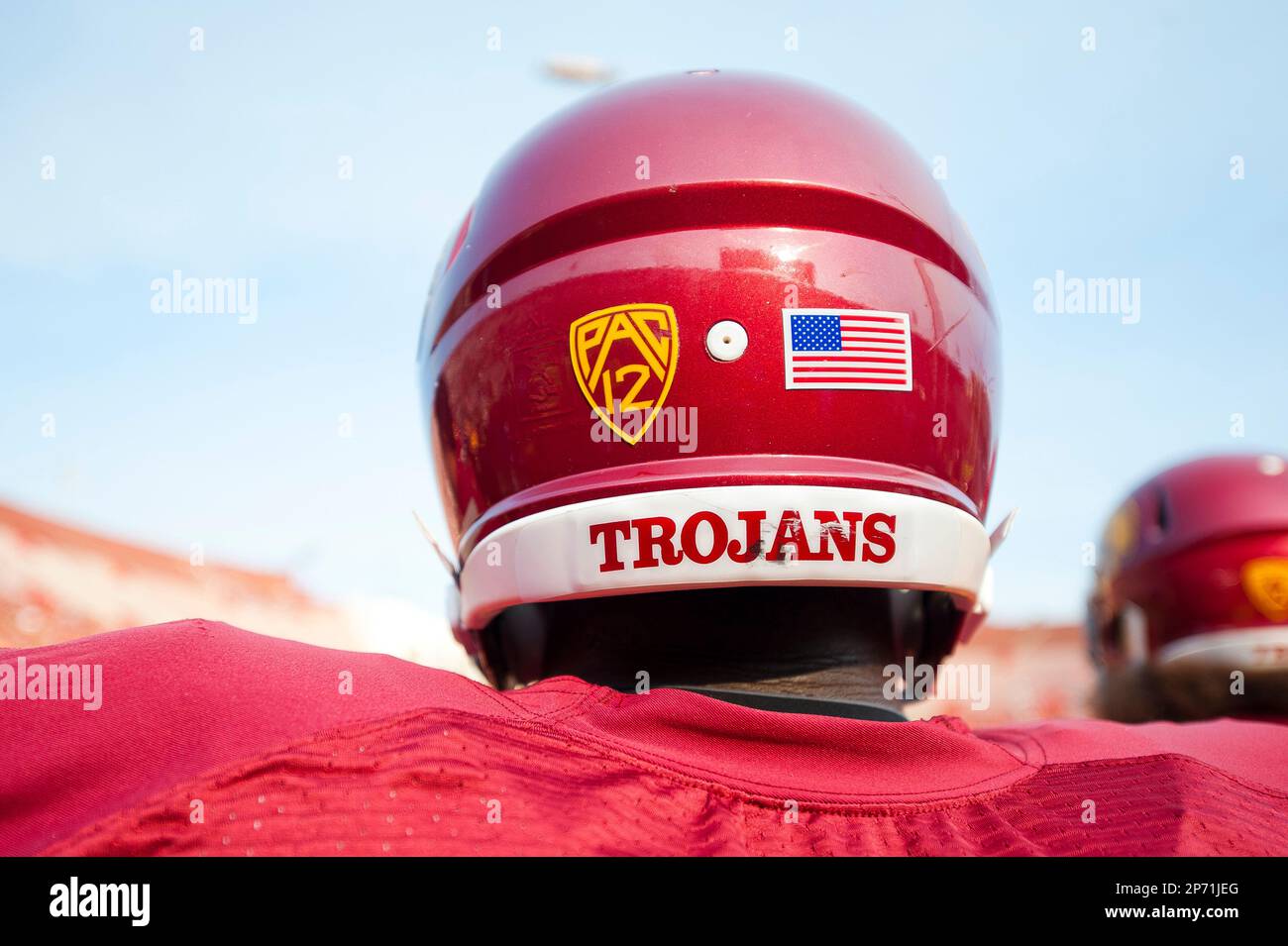 A detail of the back of a Southern California Trojans helmet before a ...