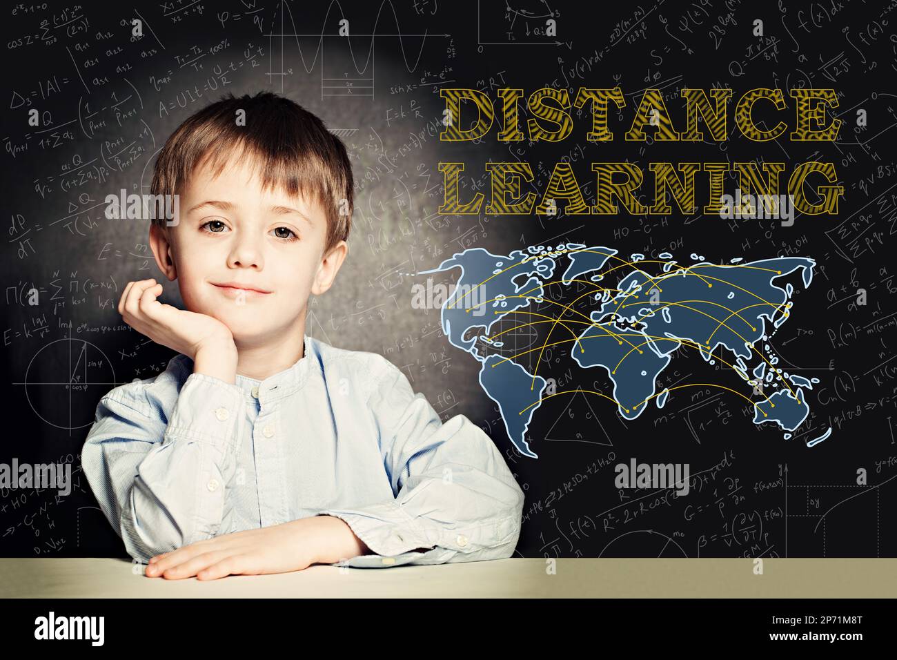 Cute litle child boy student. Concept distant learning, e-learning ...