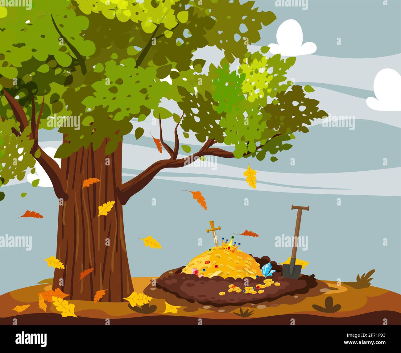 Treasure pile under oak tree, full of treasures, gold coins, Digging ...