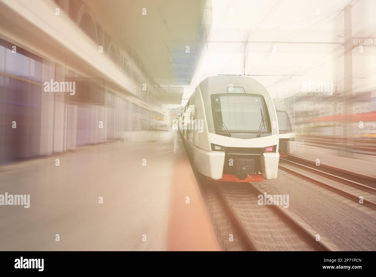 Fast modern electric train on the railway station, front view Stock ...