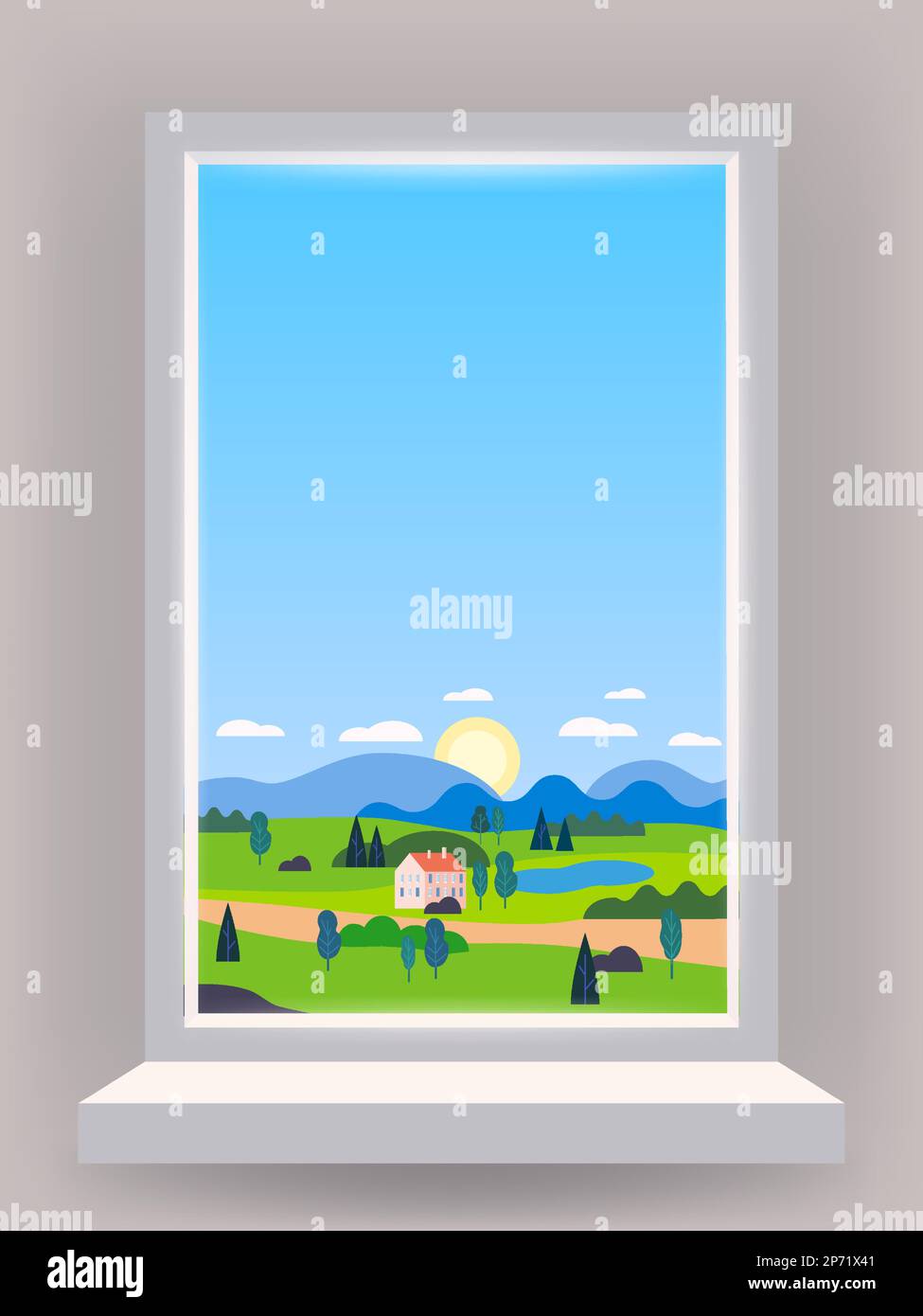 Window view interior, farm, rural landscape, country nature Stock ...