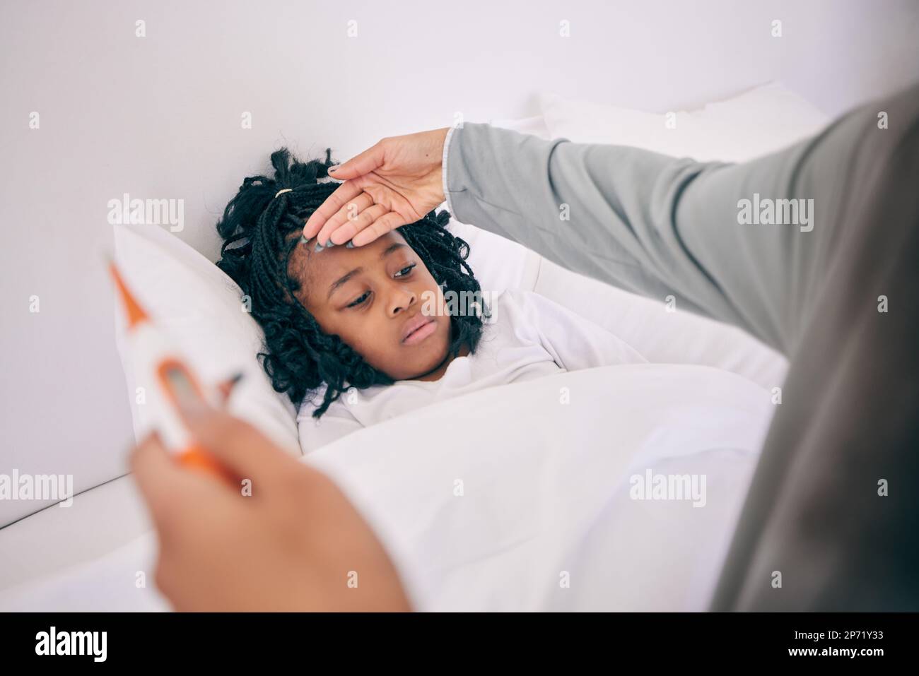 Sick, temperature and mother with child in bedroom for illness, care and thermometer. Disease ...