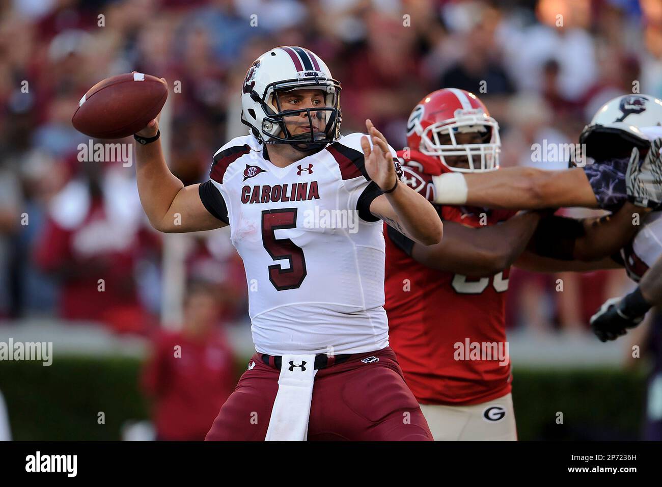 South Carolina Gamecocks quarterback Stephen Garcia (5) attempts a pass ...