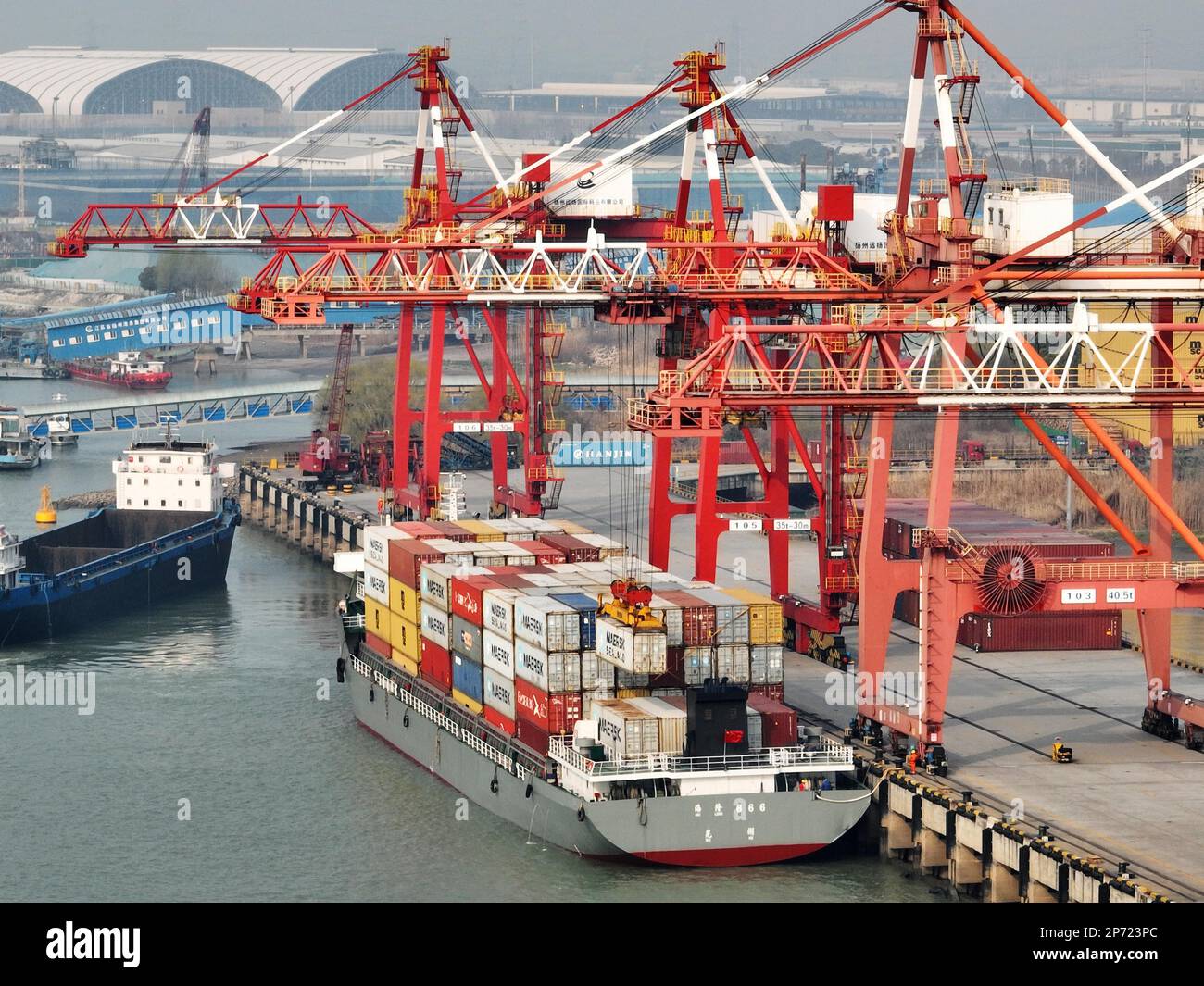 Aerial photo shows the busy scene of the container terminal at Yangzhou ...