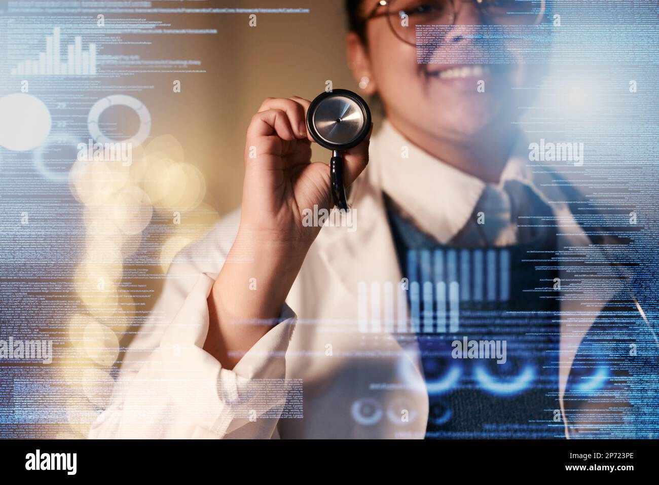 Doctor, woman and smile with holographic medical overlay with ...