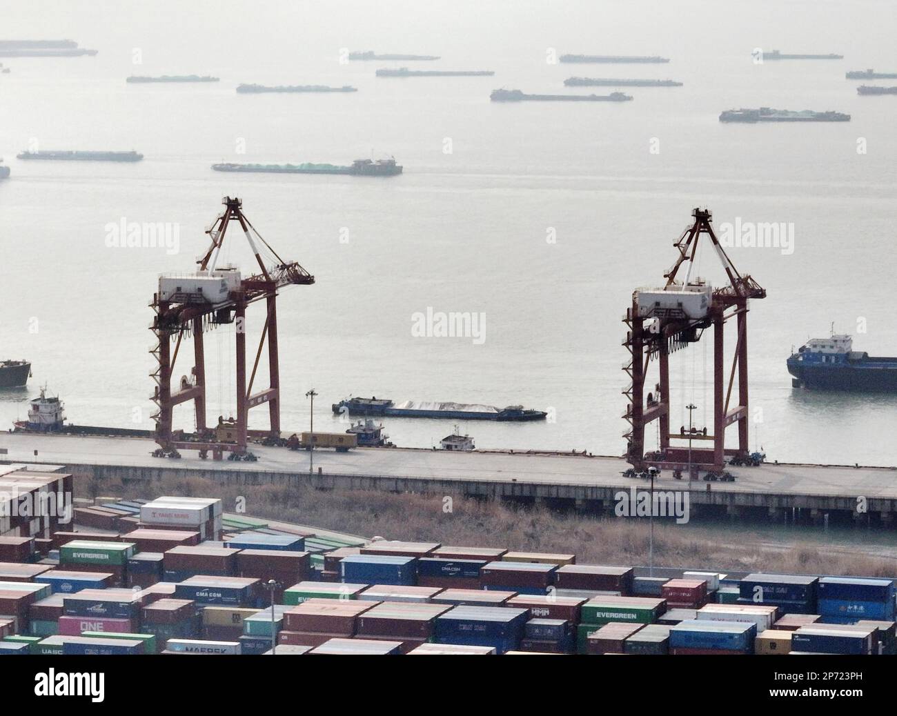 Aerial photo shows the busy scene of the container terminal at Yangzhou ...