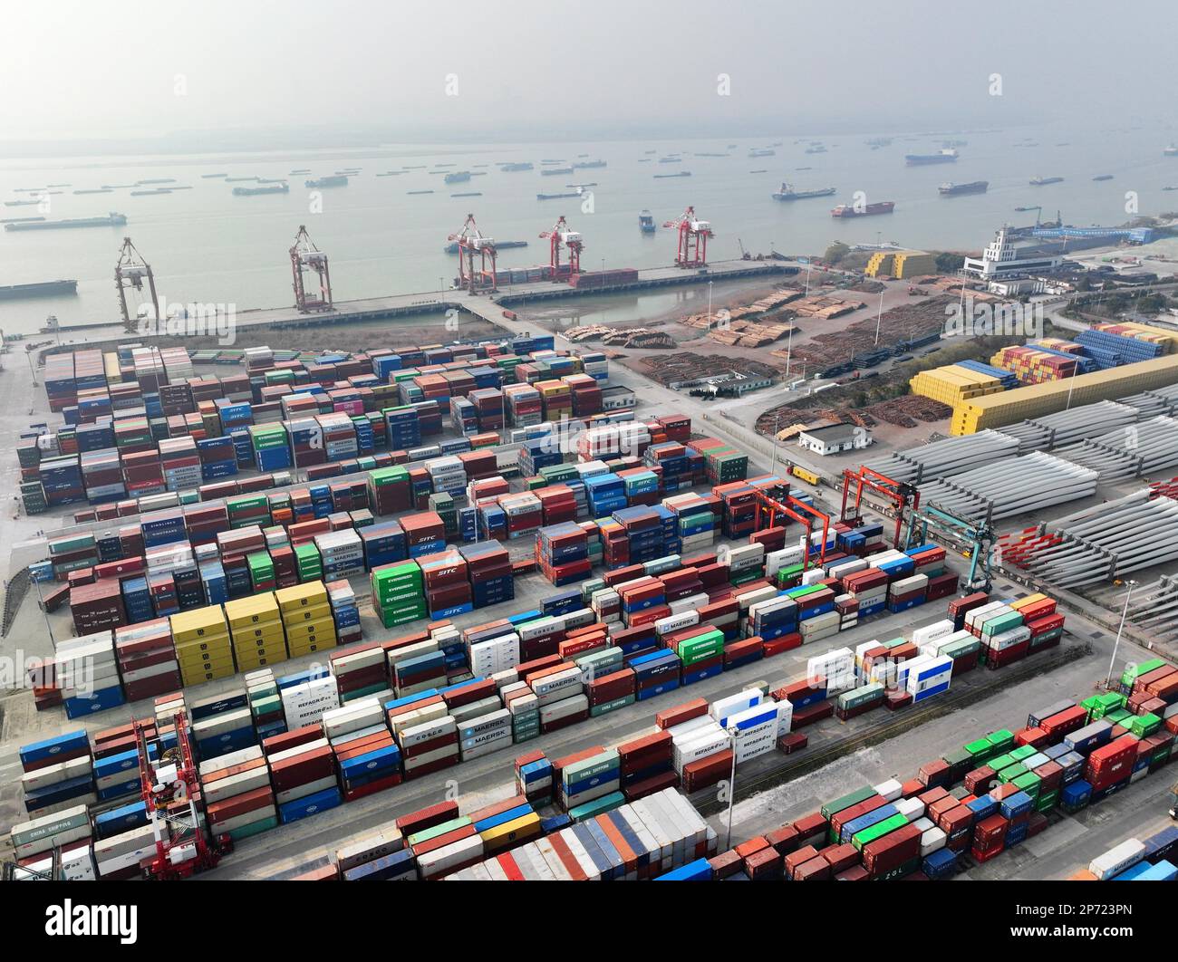 Aerial photo shows the busy scene of the container terminal at Yangzhou ...