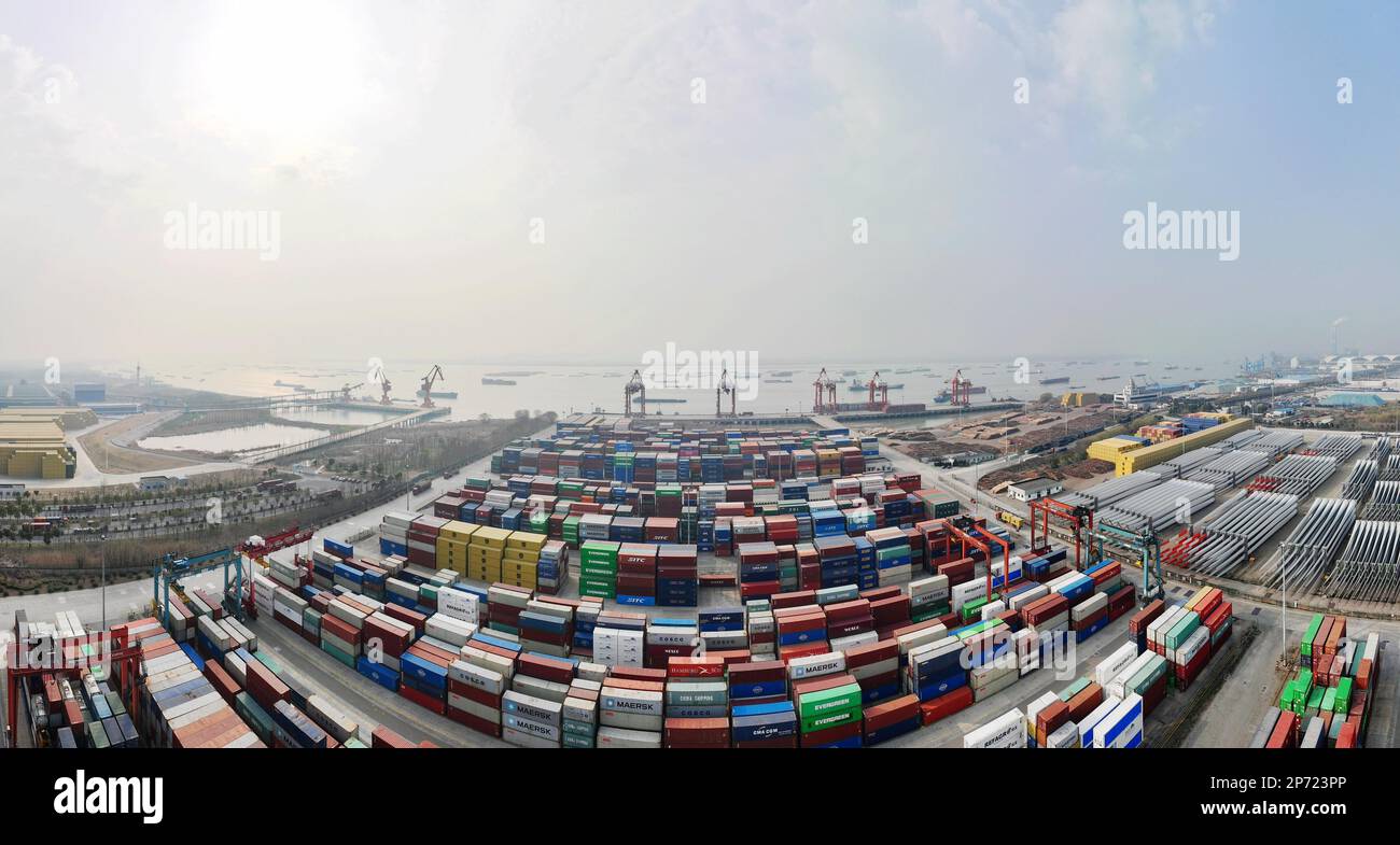 Aerial photo shows the busy scene of the container terminal at Yangzhou ...