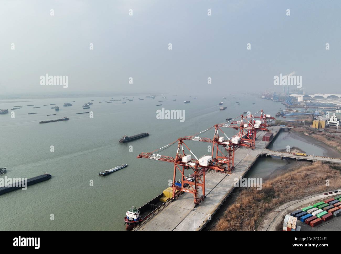 Aerial photo shows the busy scene of the container terminal at Yangzhou ...