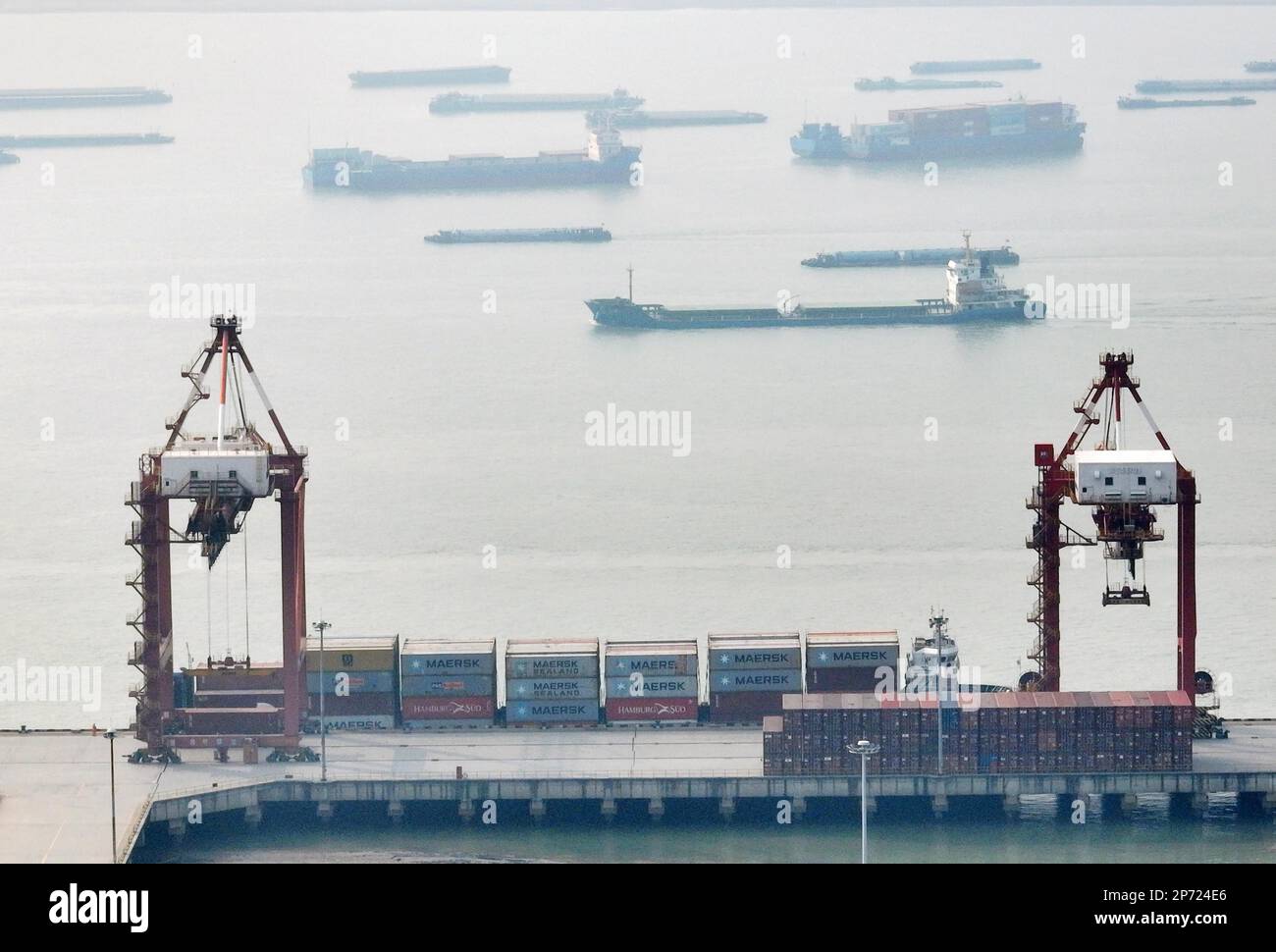 Aerial photo shows the busy scene of the container terminal at Yangzhou ...