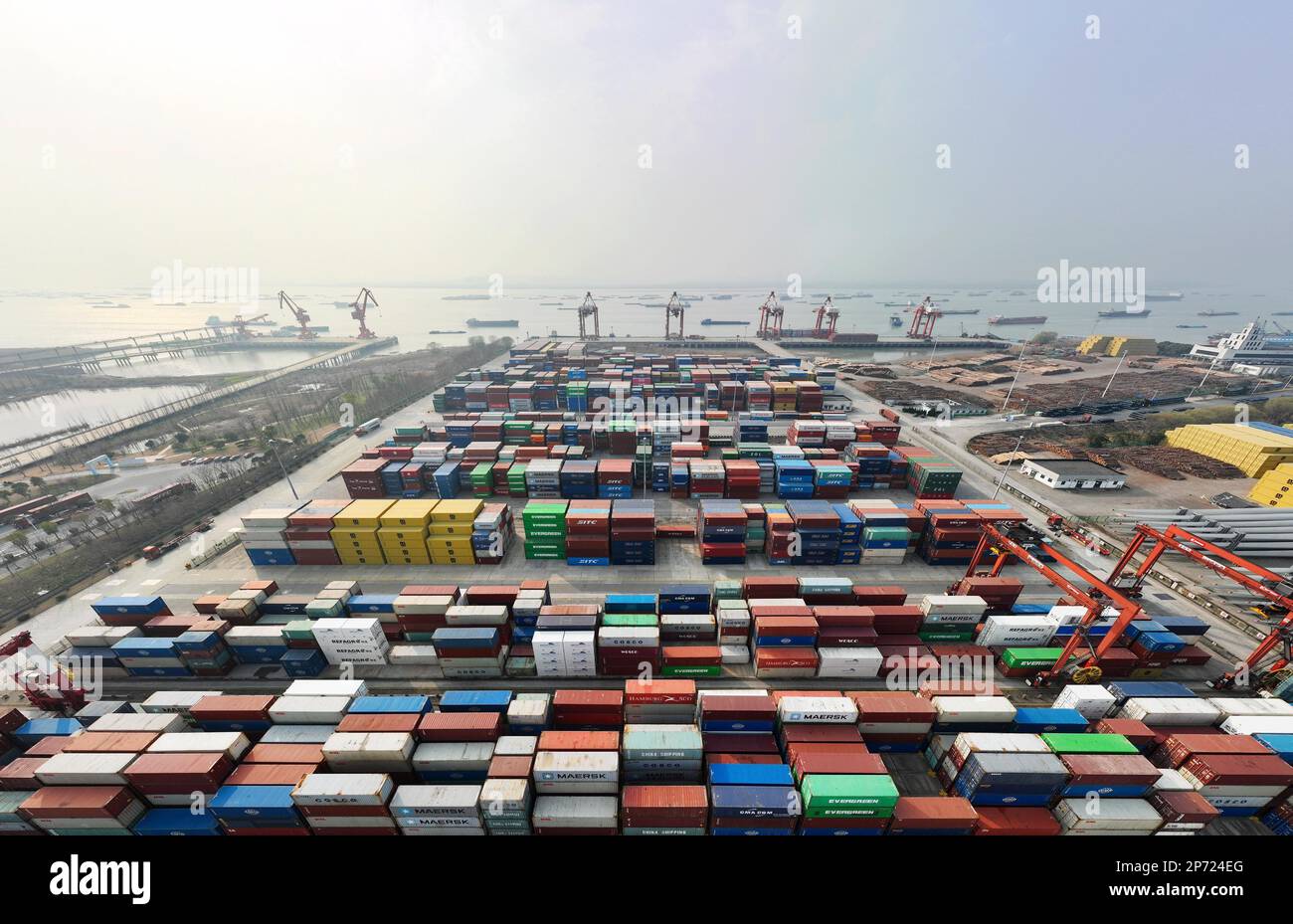 Aerial photo shows the busy scene of the container terminal at Yangzhou ...