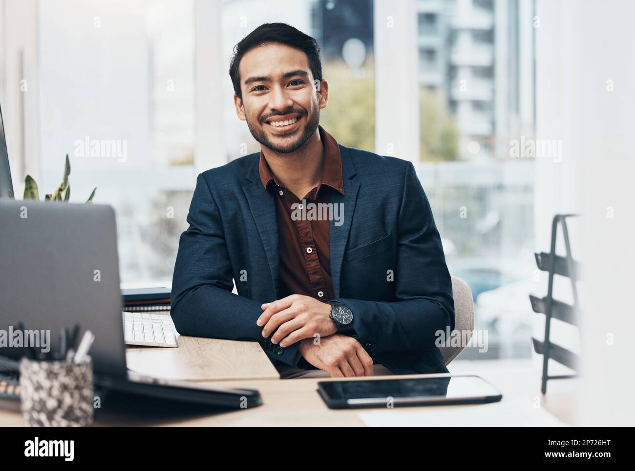 Portrait, smile and businessman or entrepreneur happy in an office for ...