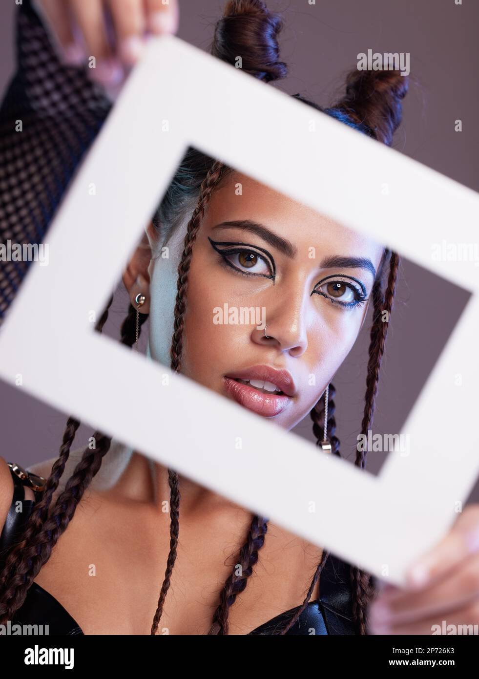 Fashion, frame and portrait of a woman in a studio with a grunge, edgy ...