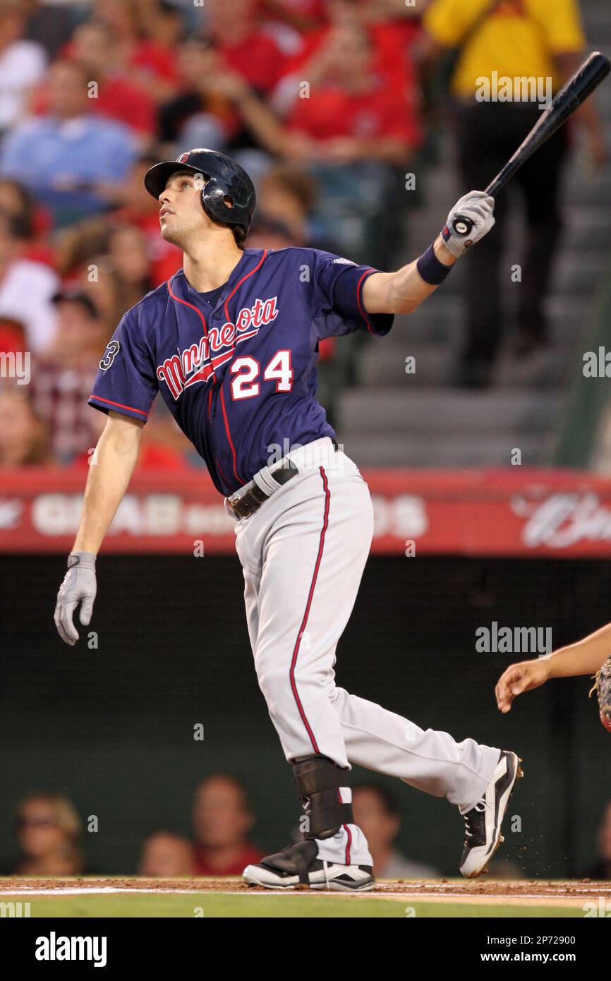 Minnesota Twins second baseman Trevor Plouffe #24 bats against the Los ...