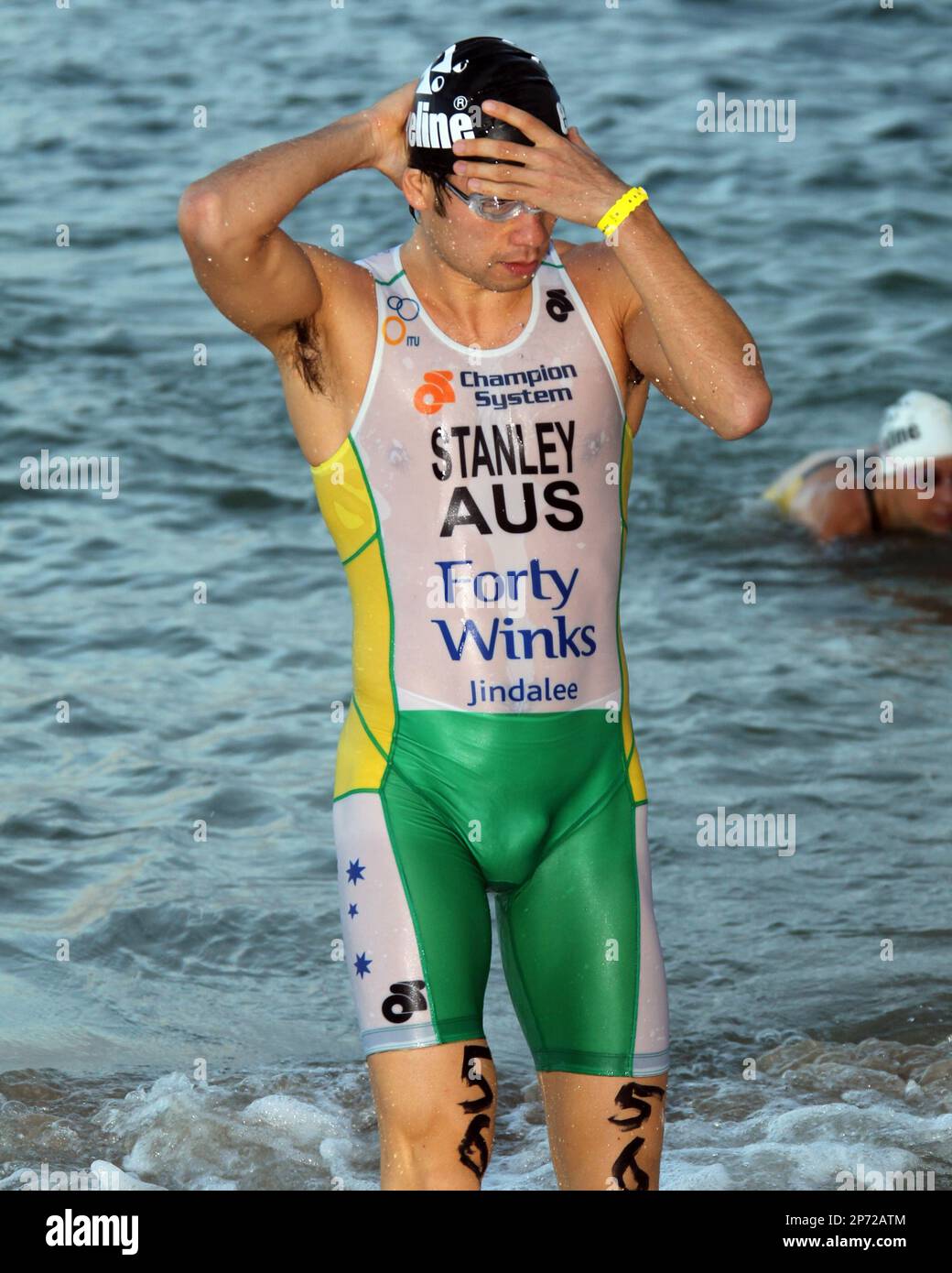 Jamie Stanley, of Australia, warms up for the start of the 2011 ...