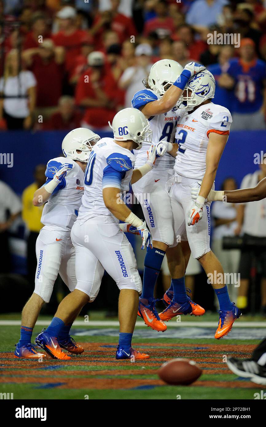 Boise State Broncos wide receiver Matt Miller (2) celebrates scoring a ...